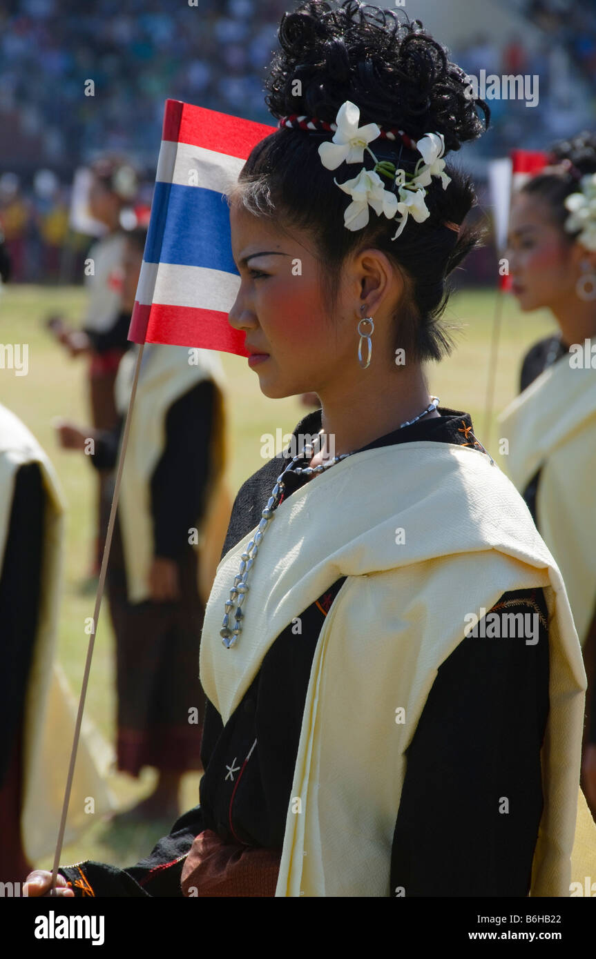dancer with a Thai flag at the Surin Elephant Festival in Thailand ...