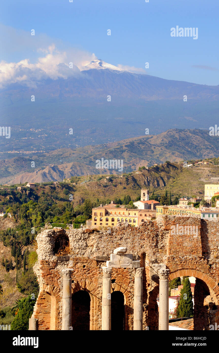 The Ancient Greek Theatre with Mount Etna behind in Taormina in Sicily ...