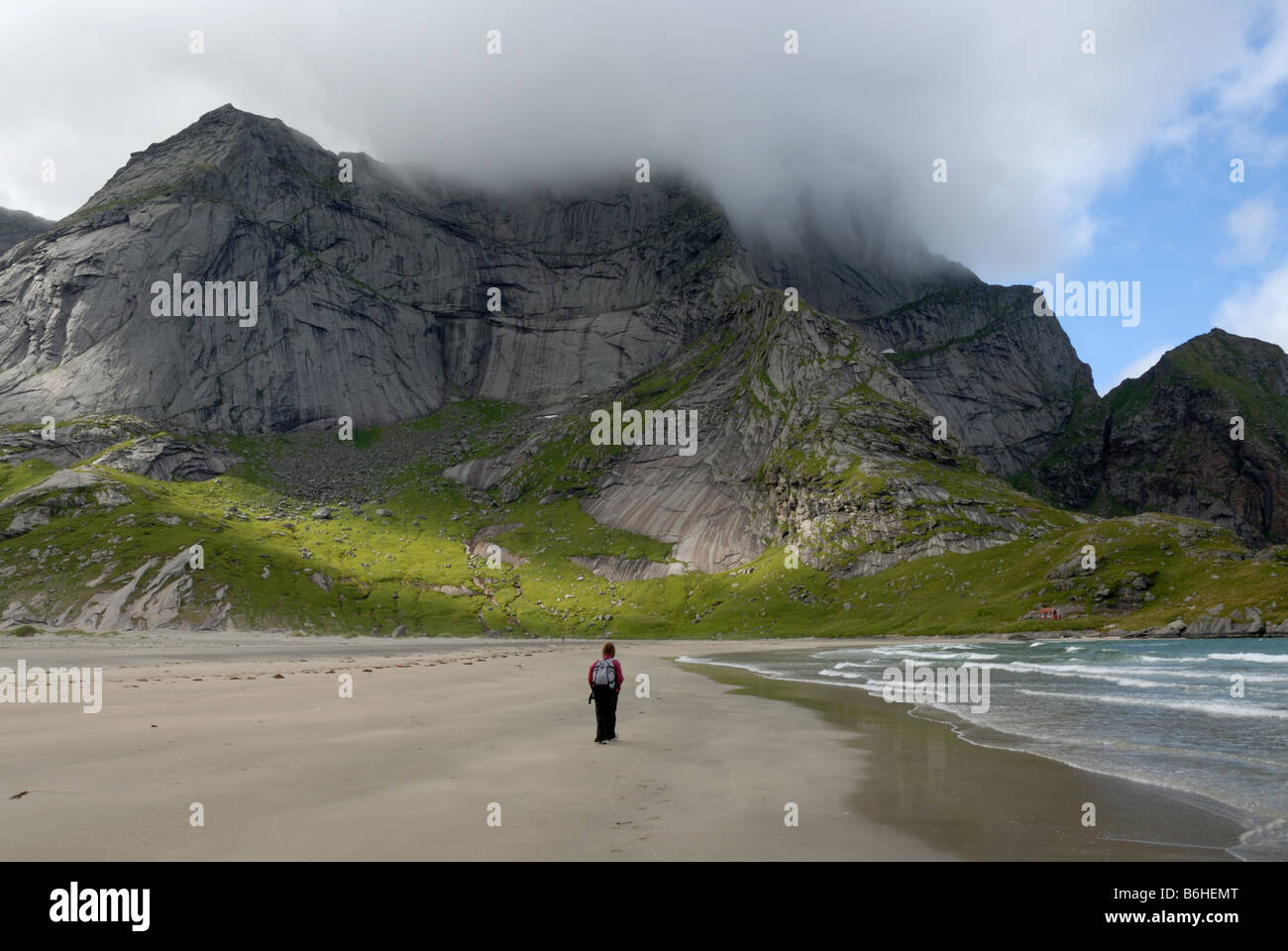 Person walking on Buneset beach on the Lofoten Islands of Norway Stock ...