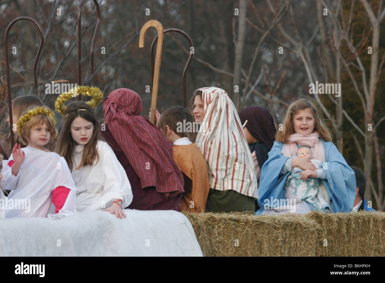 Christmas parade float with kids in nativity scene. Editorial-use only ...