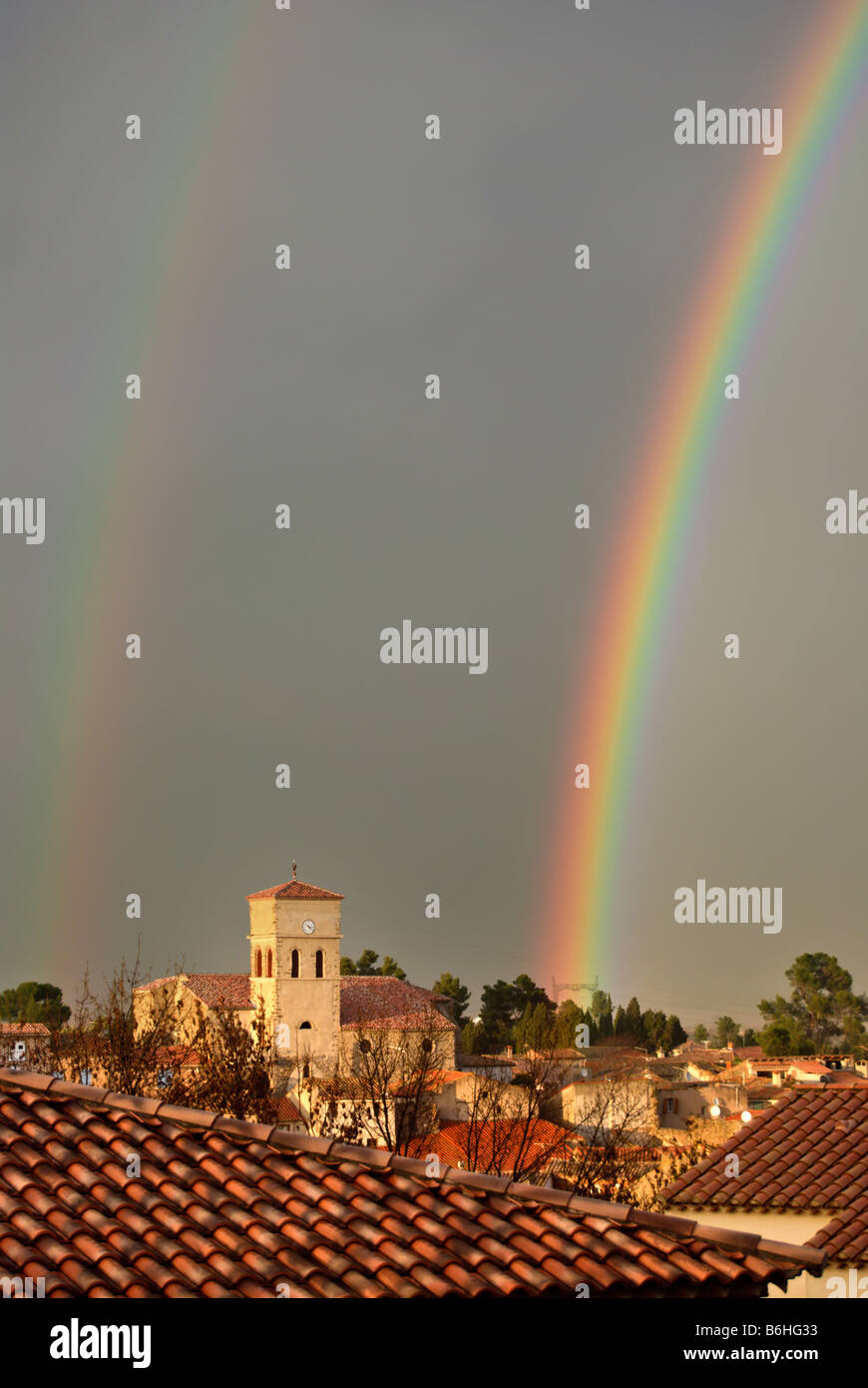 Double rainbow over Tourouzelle, a medieval village in the south of ...