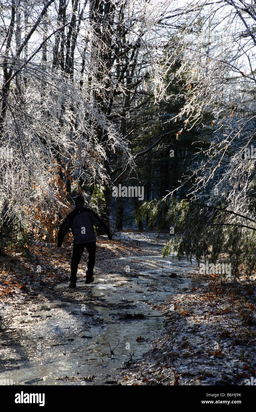 Man walking down a ice covered trail in New Hampshire which is part of ...