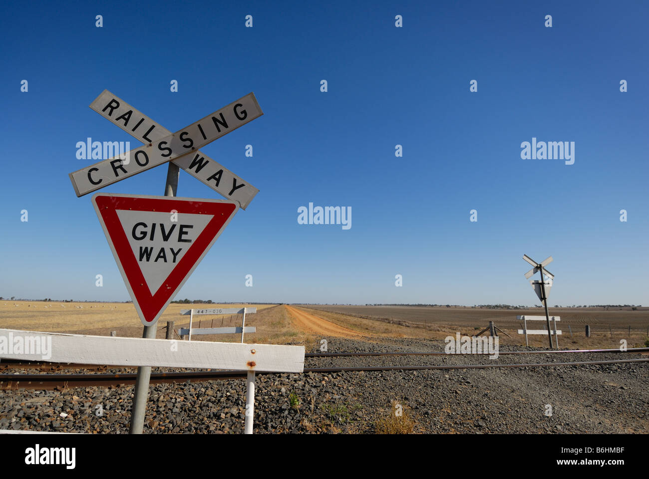 An outback rail crossing in Western Victoria for the train service ...
