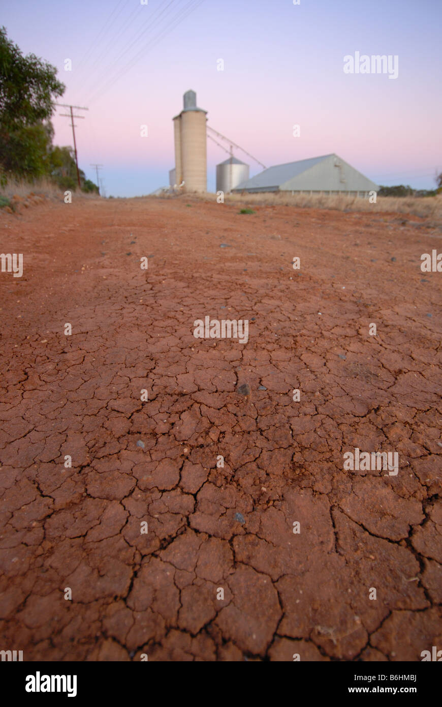 Drought conditions near grain silohs near the border of South Australia ...