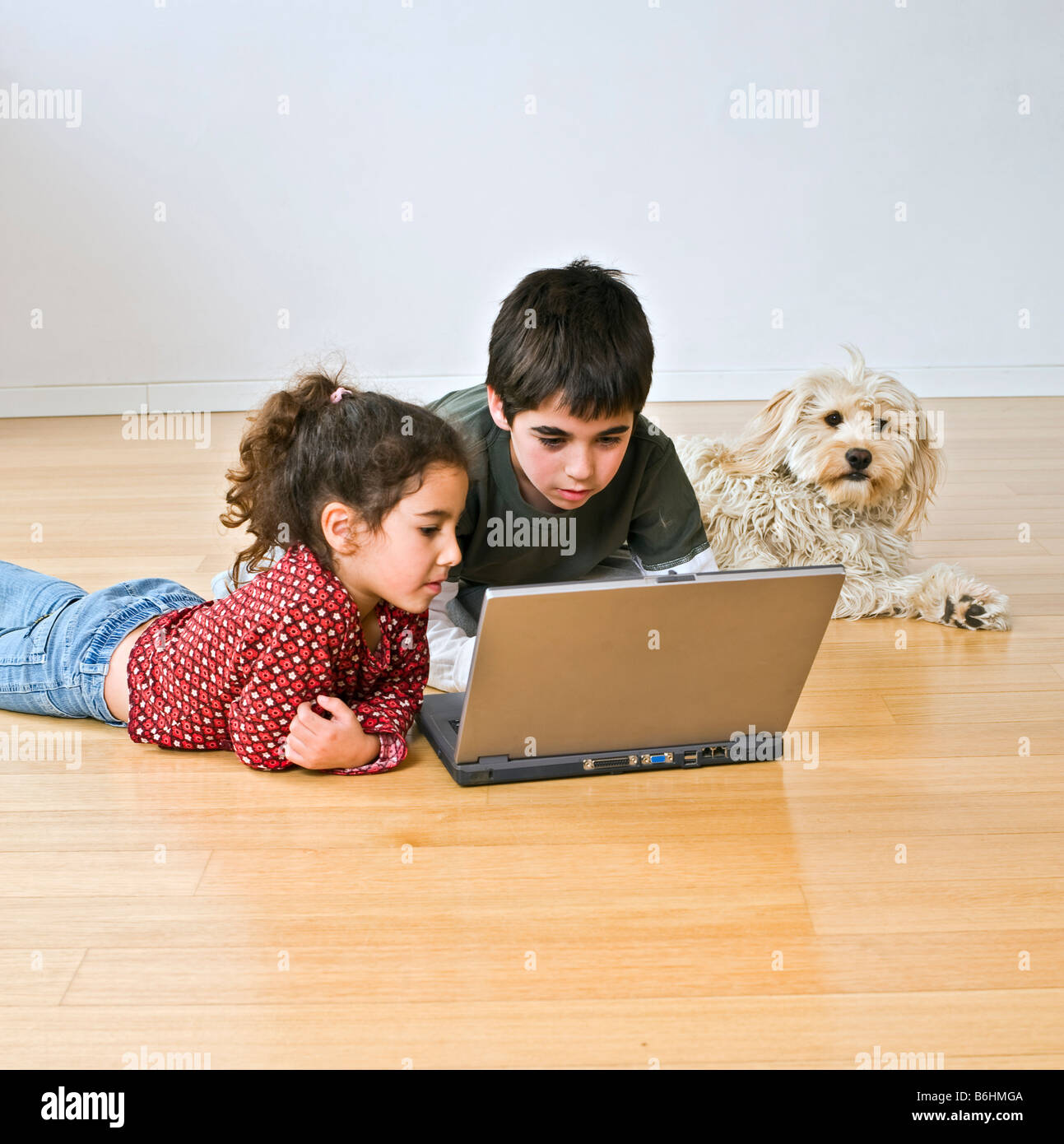 two kids and a dog with laptop computer on the floor Stock Photo - Alamy