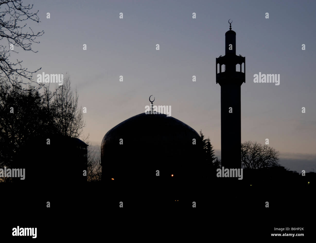 Silhouette of London Central Mosque and Islamic Cultural Centre against ...