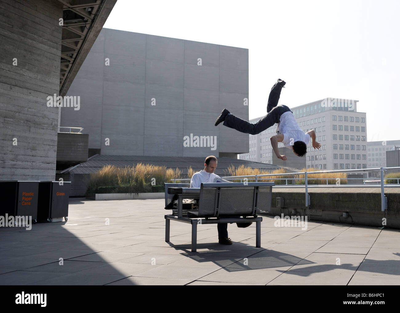 Jumping over breakfast. Danny Darwin demonstrates parkour over the ...