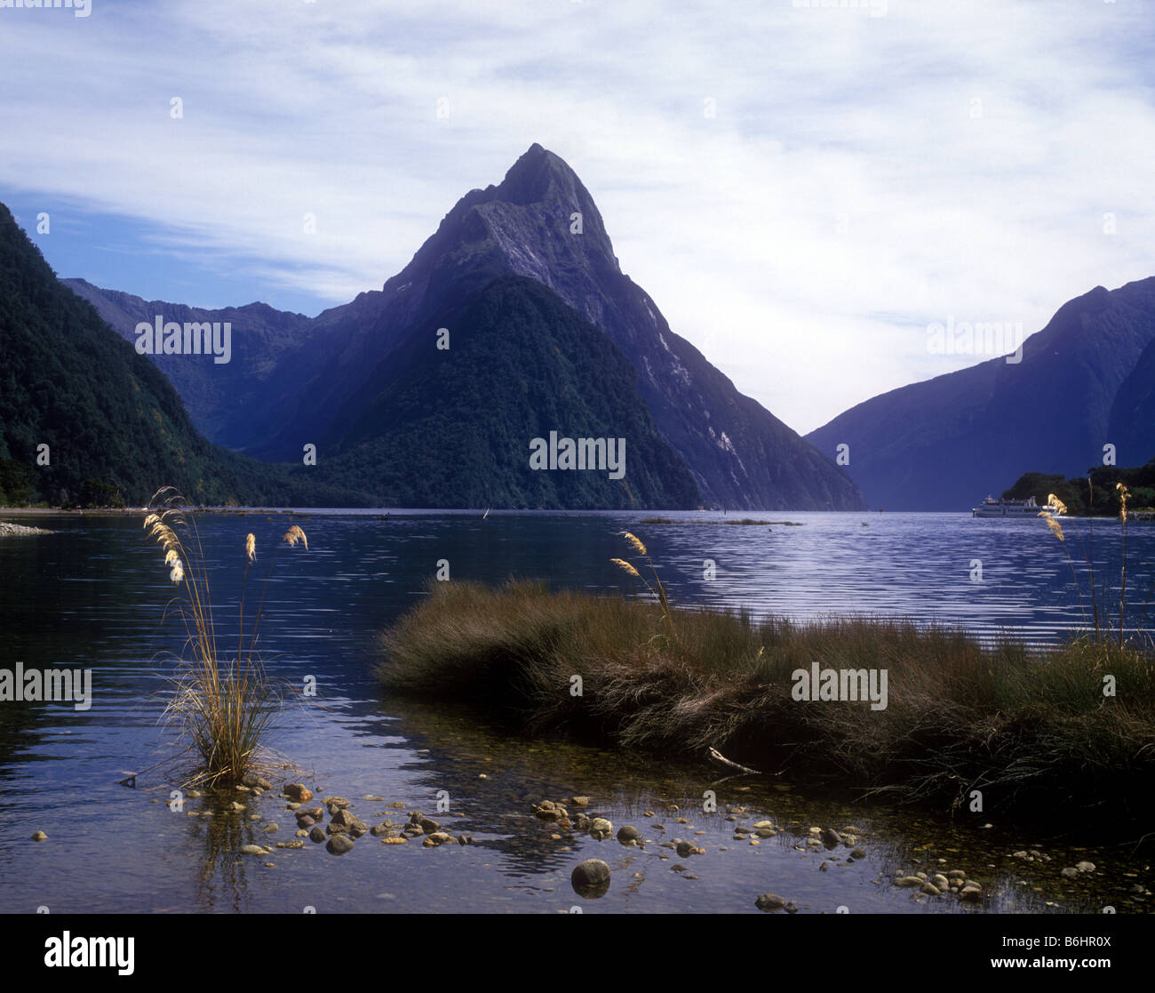 View of Mitre Peak in Milford Sound a fjord in Fjordland National Park ...