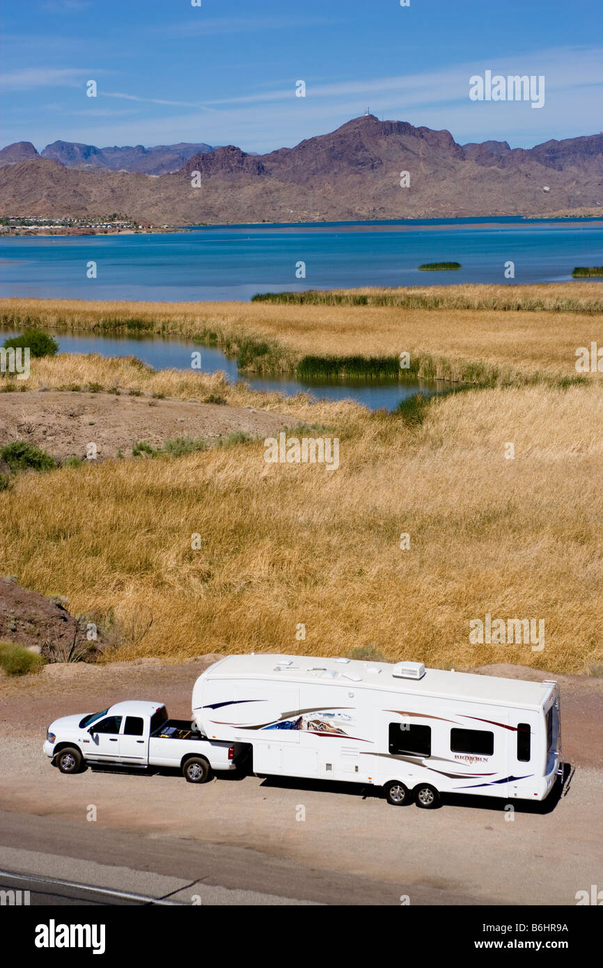 Fifth-Wheel RV and pickup truck parked by the side of the Highway 95 ...
