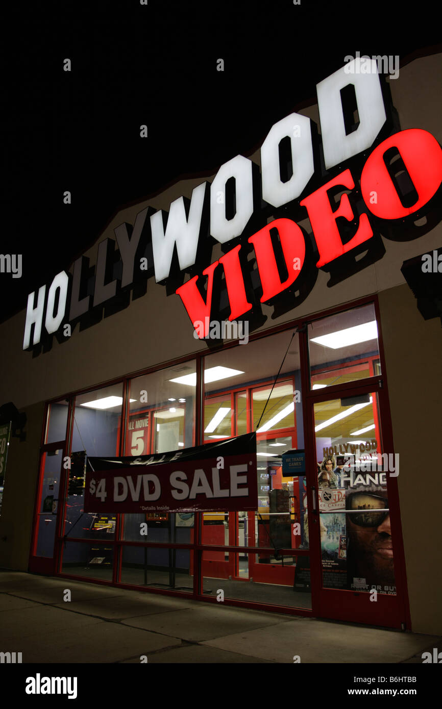 Hollywood Video storefront with broken sign which reads Ho Wood Video ...