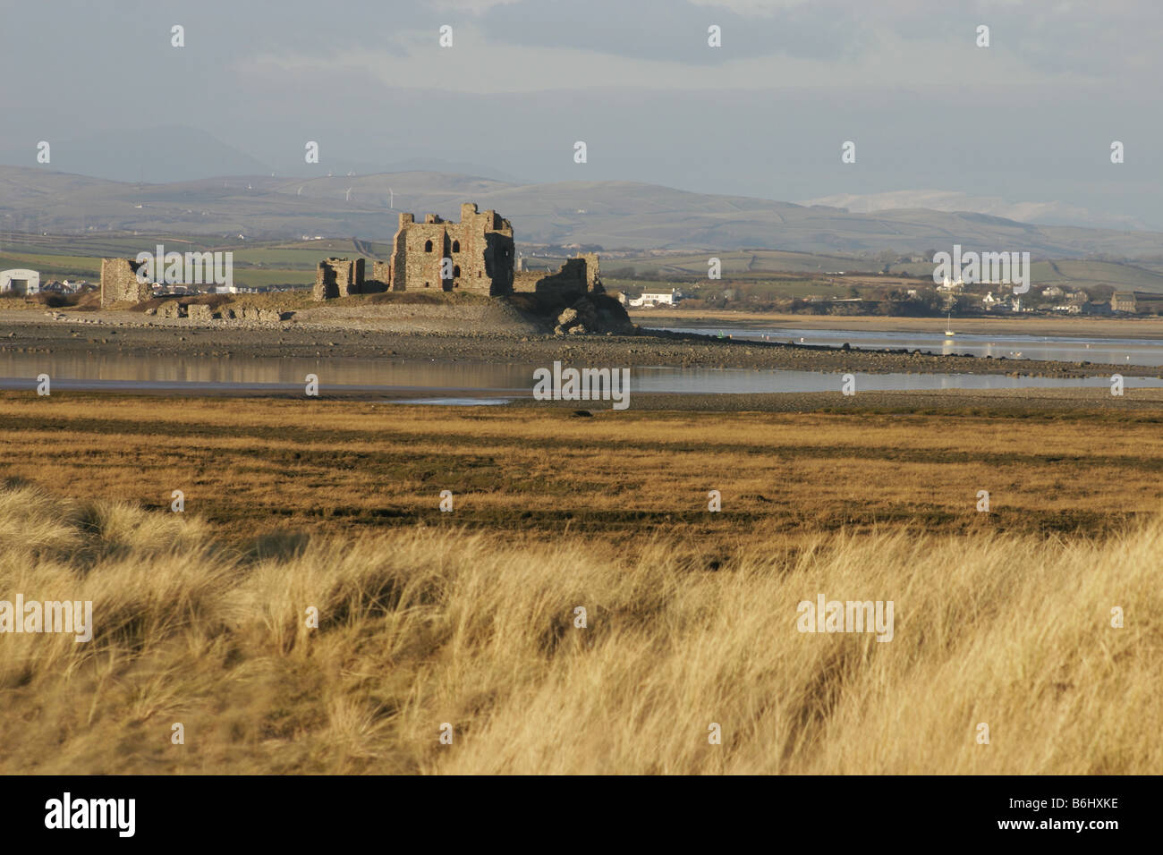 Piel Castle on Piel Island from the saltmarshes on Walney Island ...