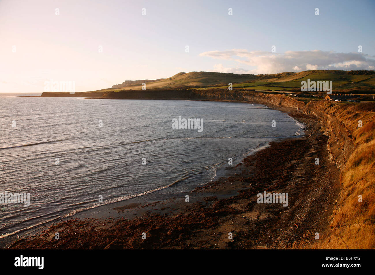 View of Kimmeridge Bay looking west along Dorset's Jurassic Coast, a ...