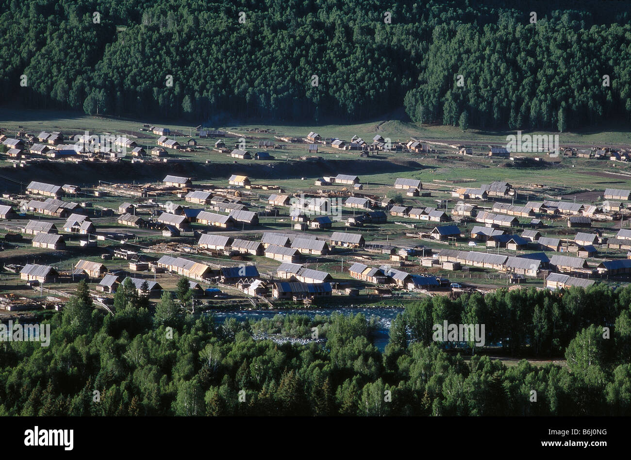 Panorama of Hemu village in Kanas National Park in Xinjiang China Stock ...