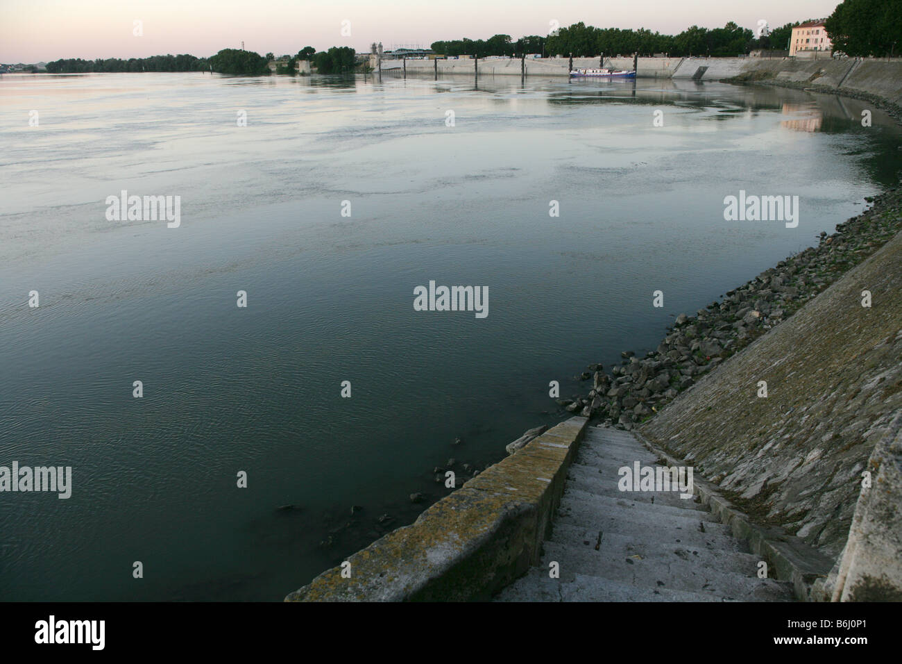 Stairway and waterfront of River Rhone, Arles, Bouches-du-Rhône, France ...