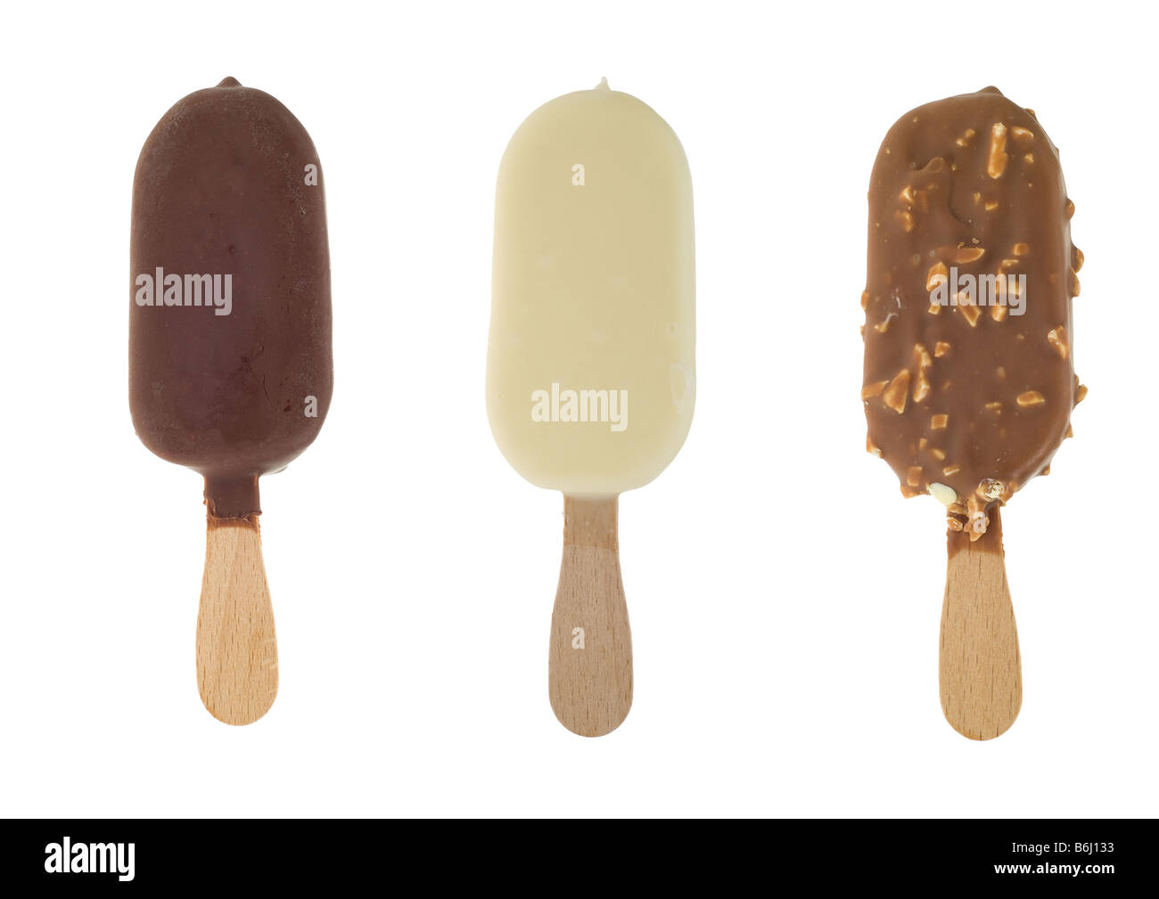three different chocolate ice lollies isolated on a white background ...