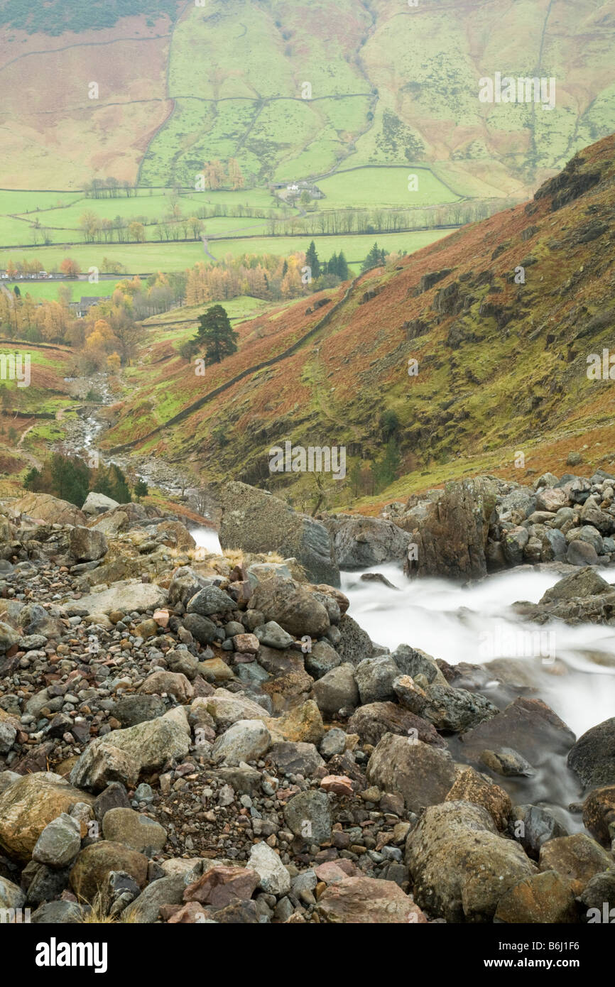 View down Dungeon Ghyll Force as it flows from Stickle Tarn into Great ...