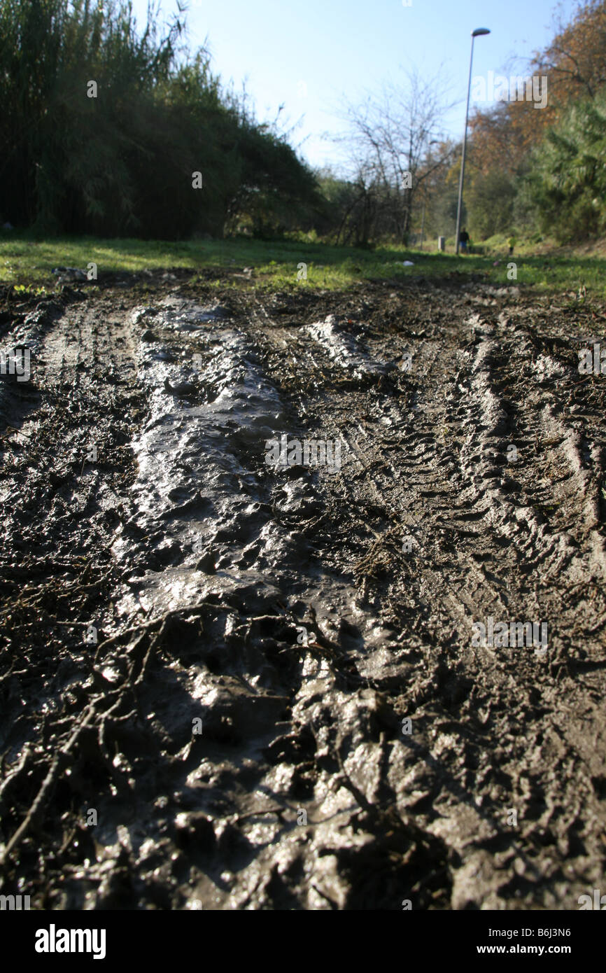 many tyre tracks crossing in mud in field in countryside Stock Photo ...