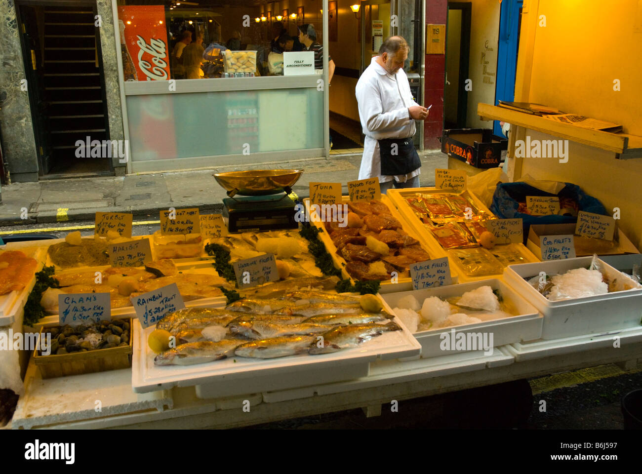 Seafood stall at Berwick Street market in Soho in central London ...