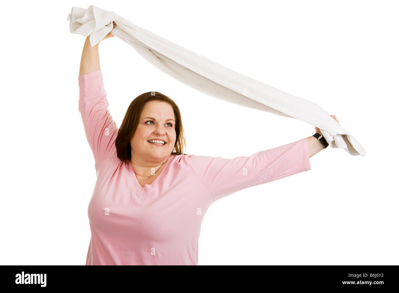 Beautiful plus sized model working out with a towel Isolated on white ...