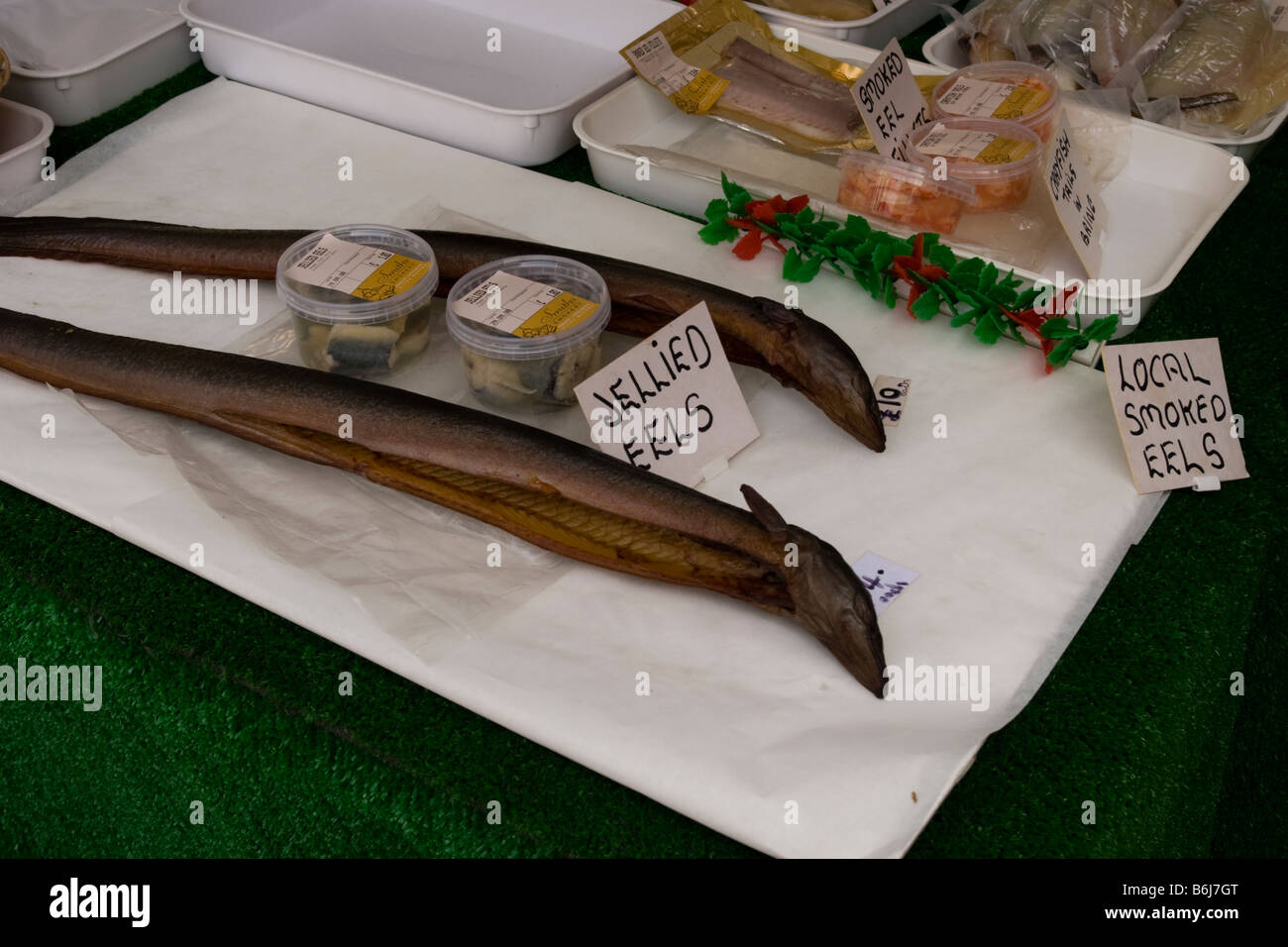 Jellied Eels on Stall at farmers market in lincoln england Stock Photo ...