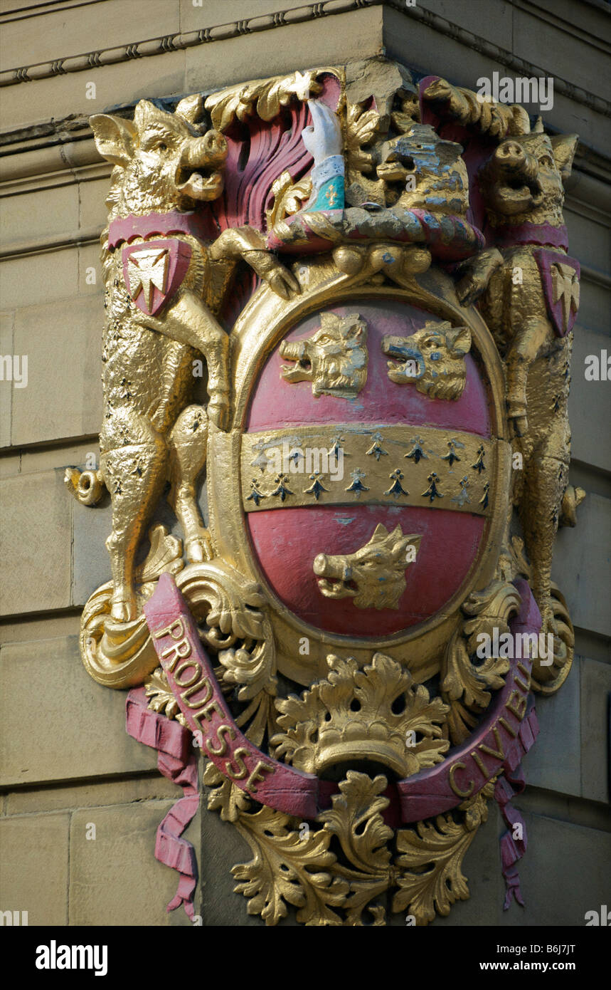 Heraldic coat of arms of the Beckett family on a York building. Latin ...