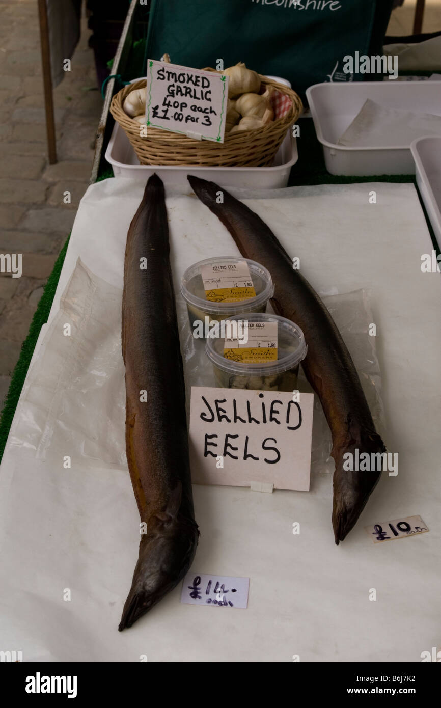 Jellied Eels on Stall at farmers market in lincoln england Stock Photo ...