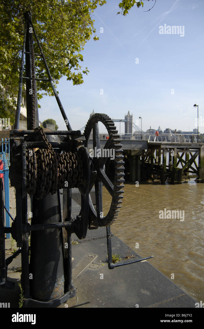 Chain winch on the north bank of the River Thames London England Stock ...