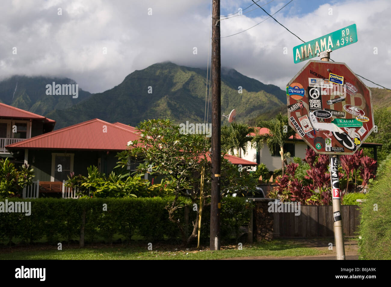 Graffiti and stickers on stop sign, Hanalei, Kauai, Hawaii Stock Photo ...