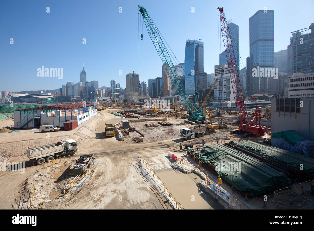 Reclaimed land under construction at the waterfront in Central, Hong ...
