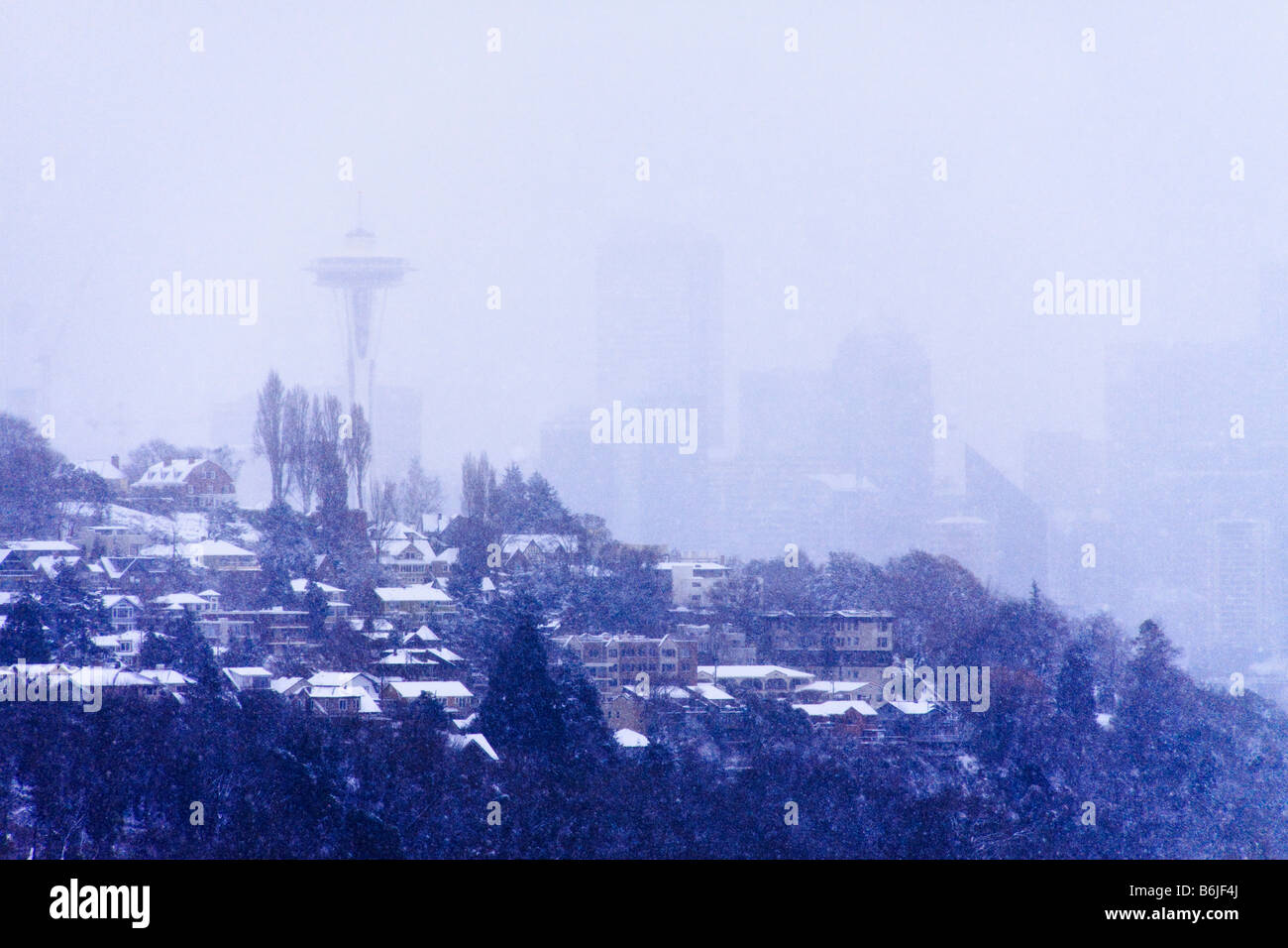 Seattle skyline during snow storm, Seattle, Washington Stock Photo - Alamy