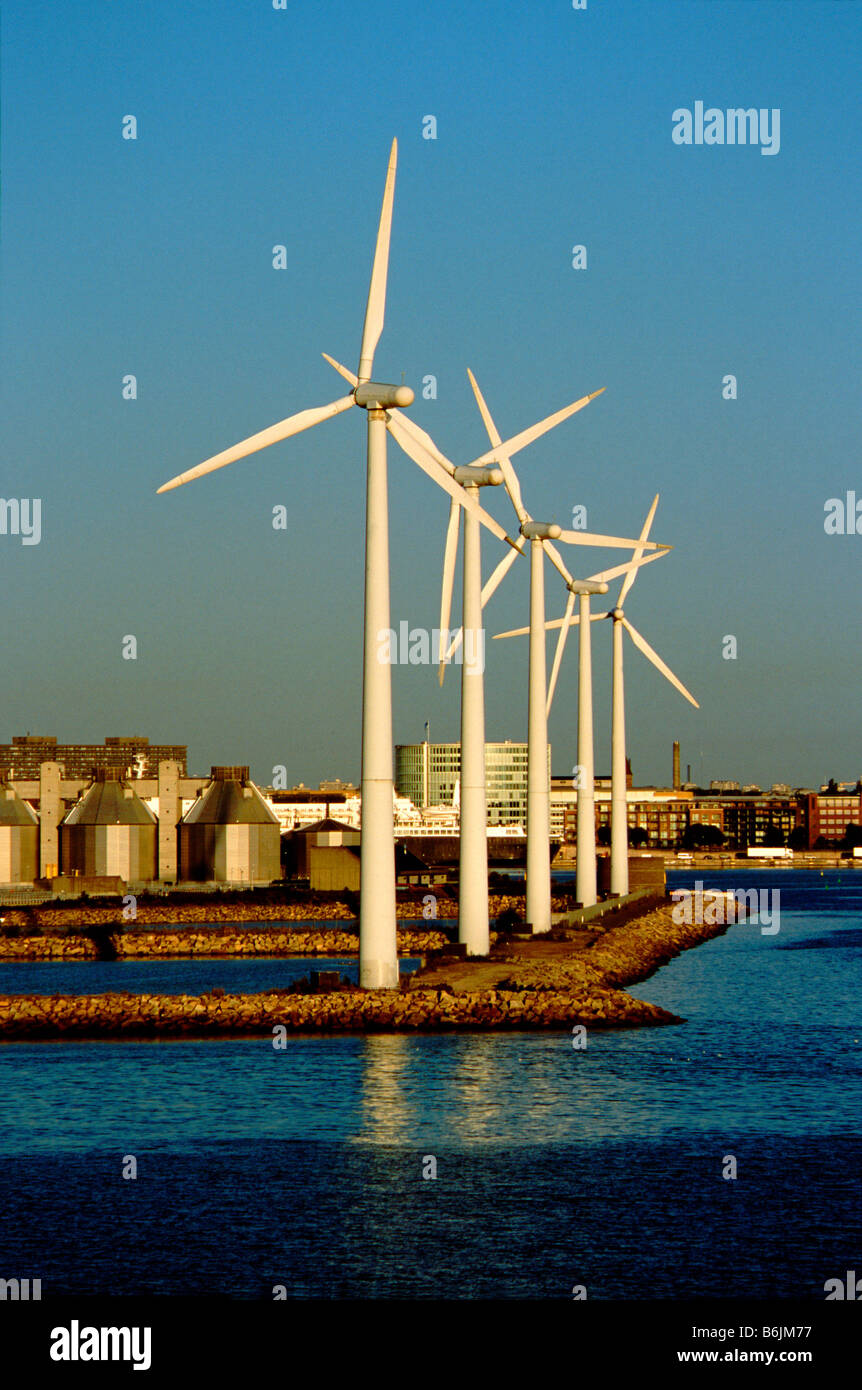 Europe, Denmark, Copenhagen (aka Kobenhaven). Wind generators along the ...