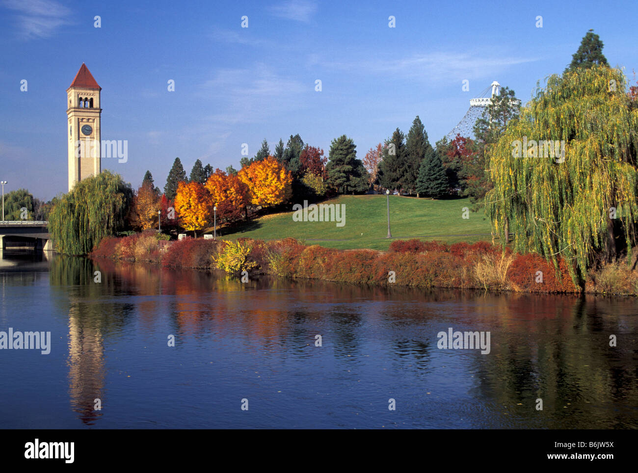 NA, USA, Washington, Spokane, Clock Tower and Spokane River, viewed ...