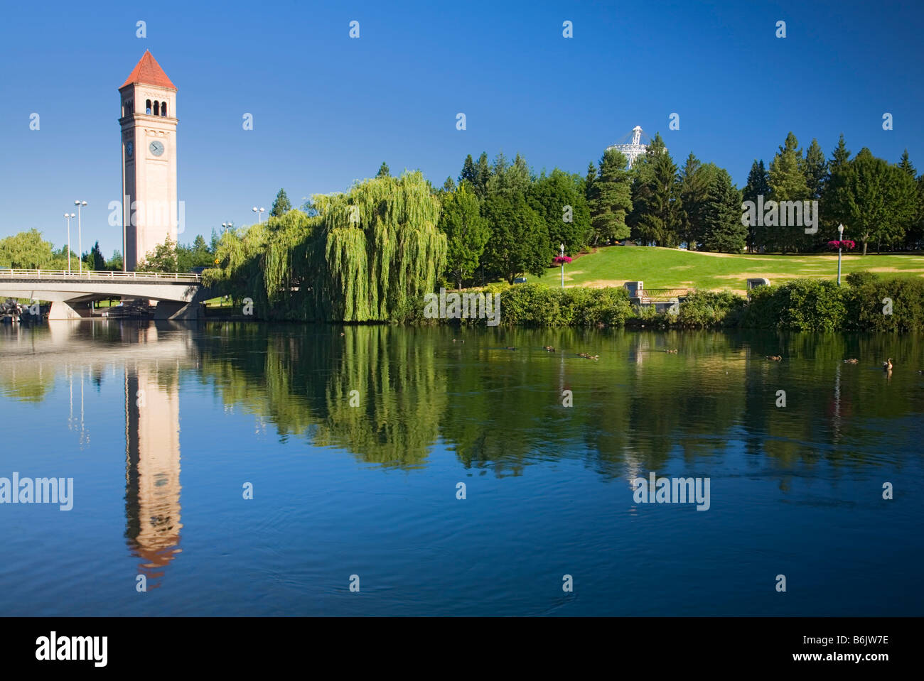 WA, Spokane, Riverfront Park with Clock Tower and Spokane River Stock ...