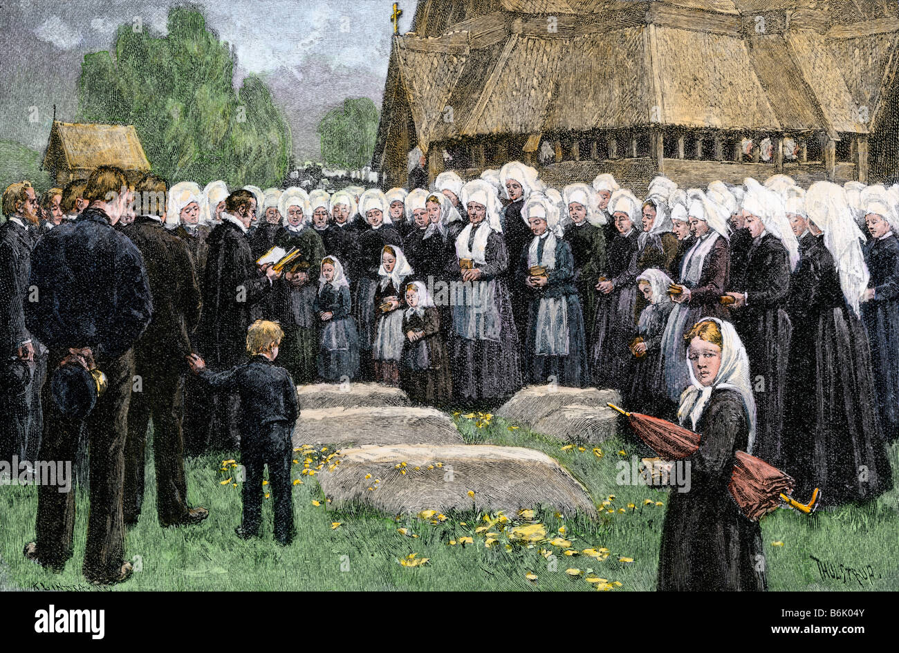 Sunday funeral in a Norwegian village 1800s. Hand-colored woodcut Stock ...