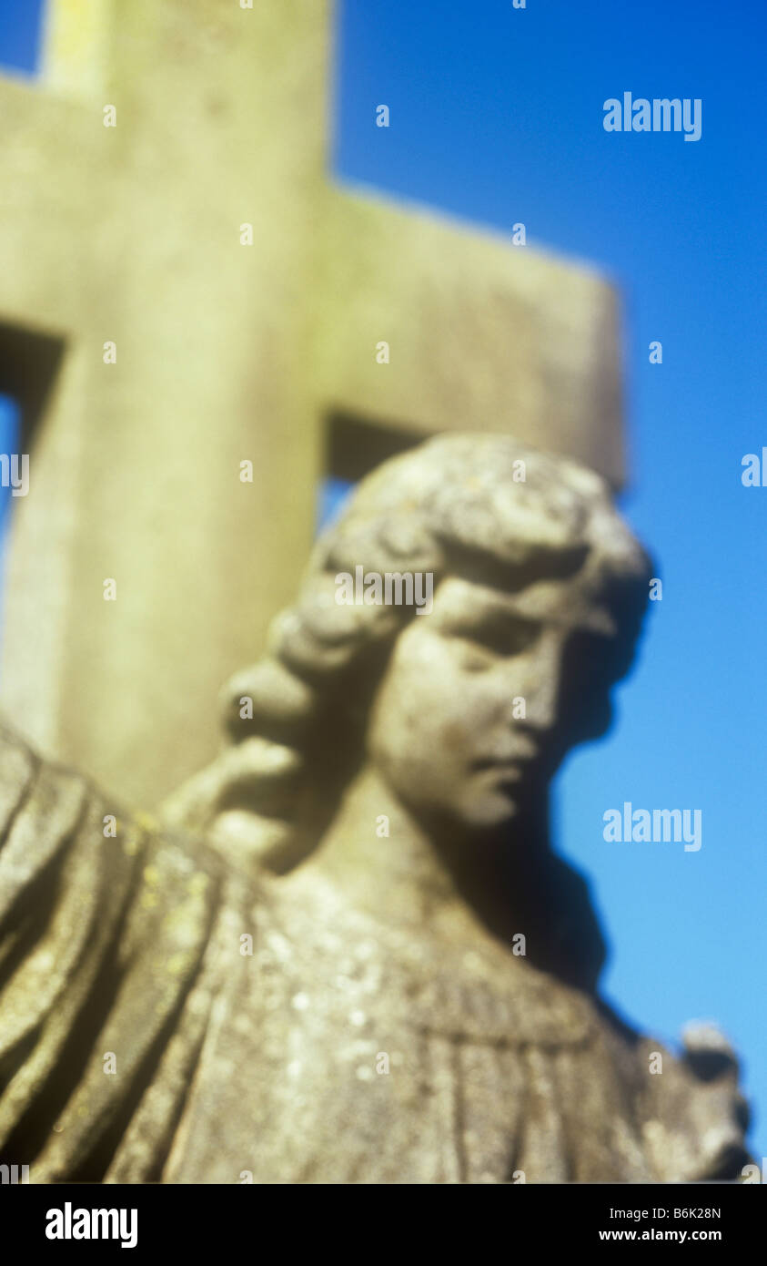 Impressionistic detail of limestone gravestone angel head and shoulders ...
