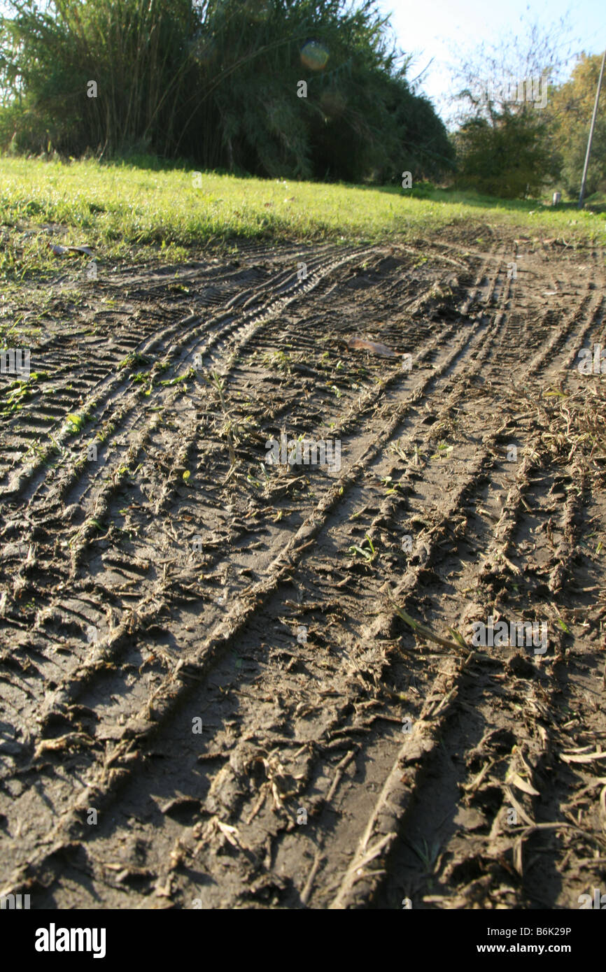 car tyre tracks crossing mud in field in country Stock Photo - Alamy