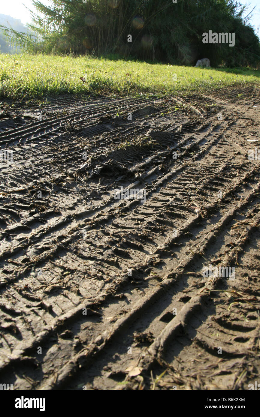car tyre tracks crossing mud in field in country Stock Photo - Alamy