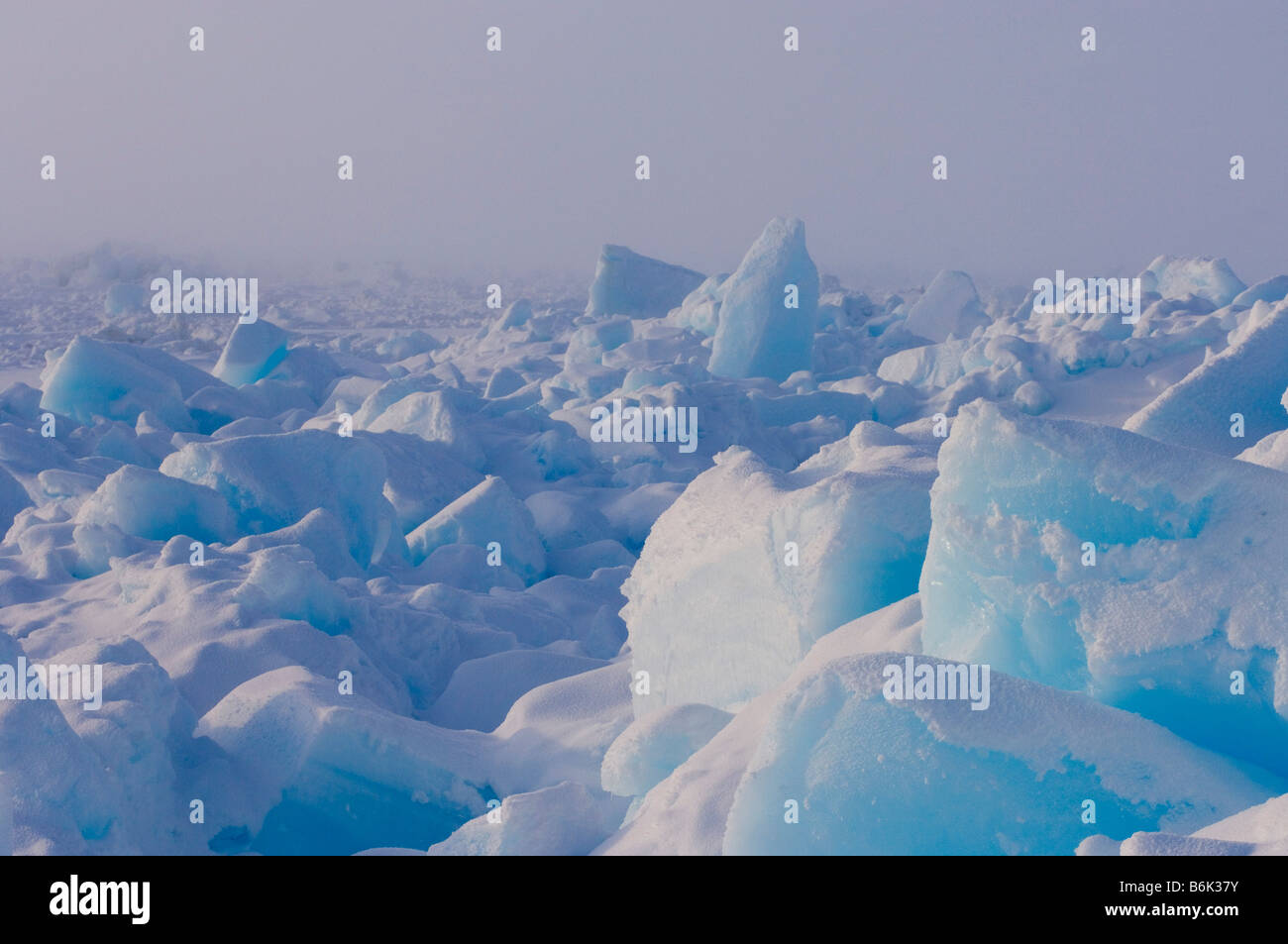 Frozen landscape of pressure ridges in the dynamic pack ice jumbled up ...