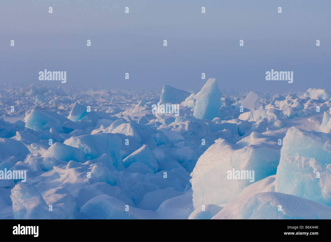 Frozen landscape of pressure ridges in the dynamic pack ice jumbled up ...