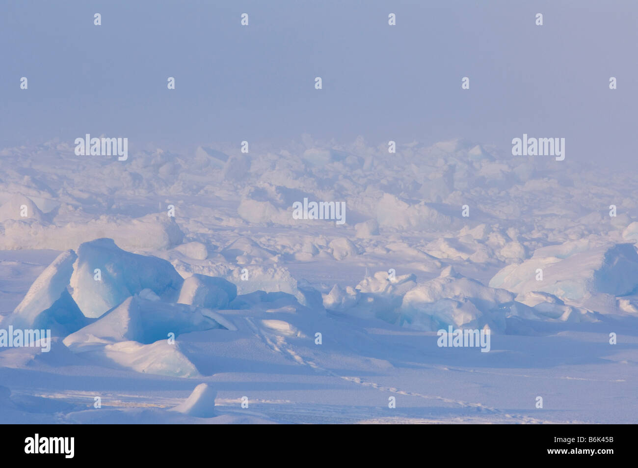 Frozen landscape of pressure ridges in the dynamic pack ice jumbled up ...