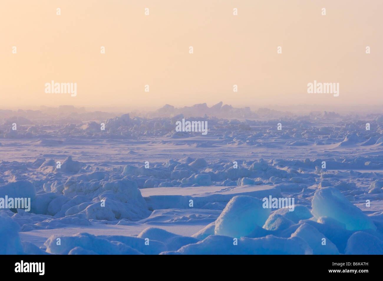 Frozen landscape of pressure ridges in the dynamic pack ice jumbled up ...