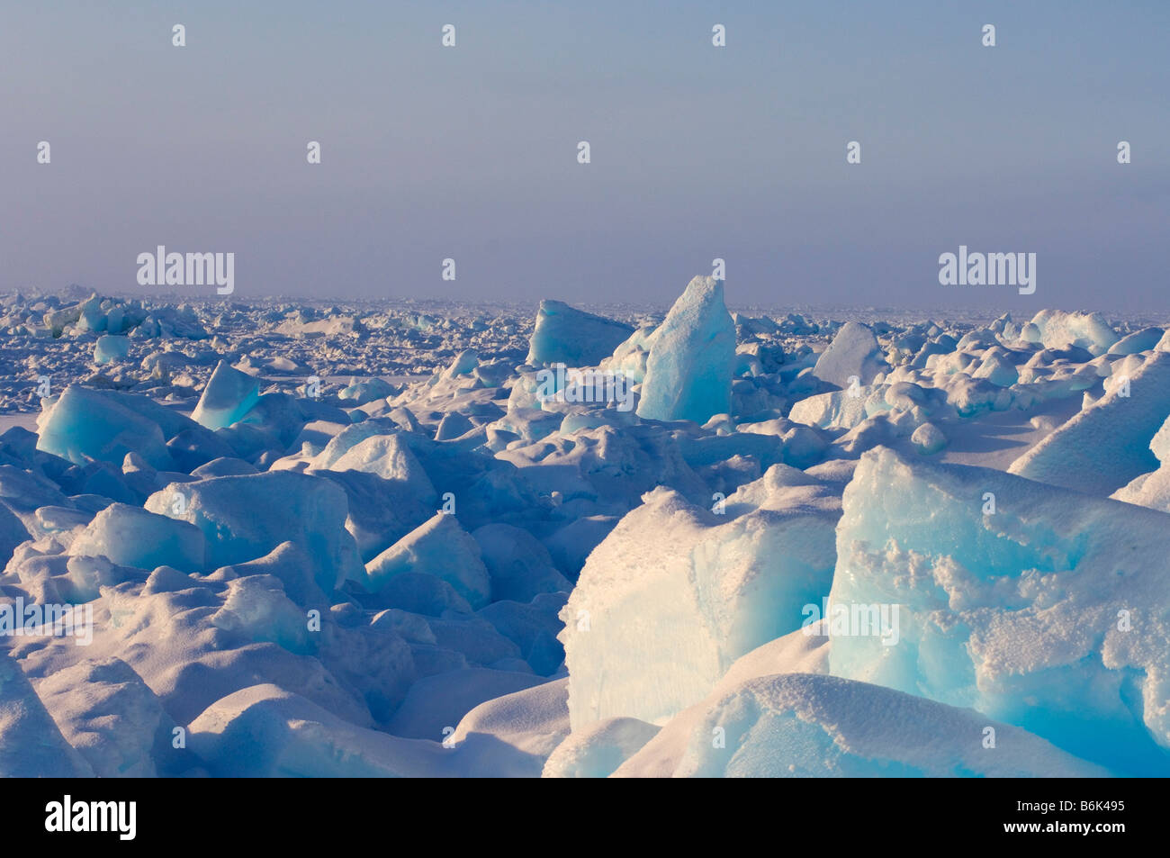 Frozen landscape of pressure ridges in the dynamic pack ice jumbled up ...