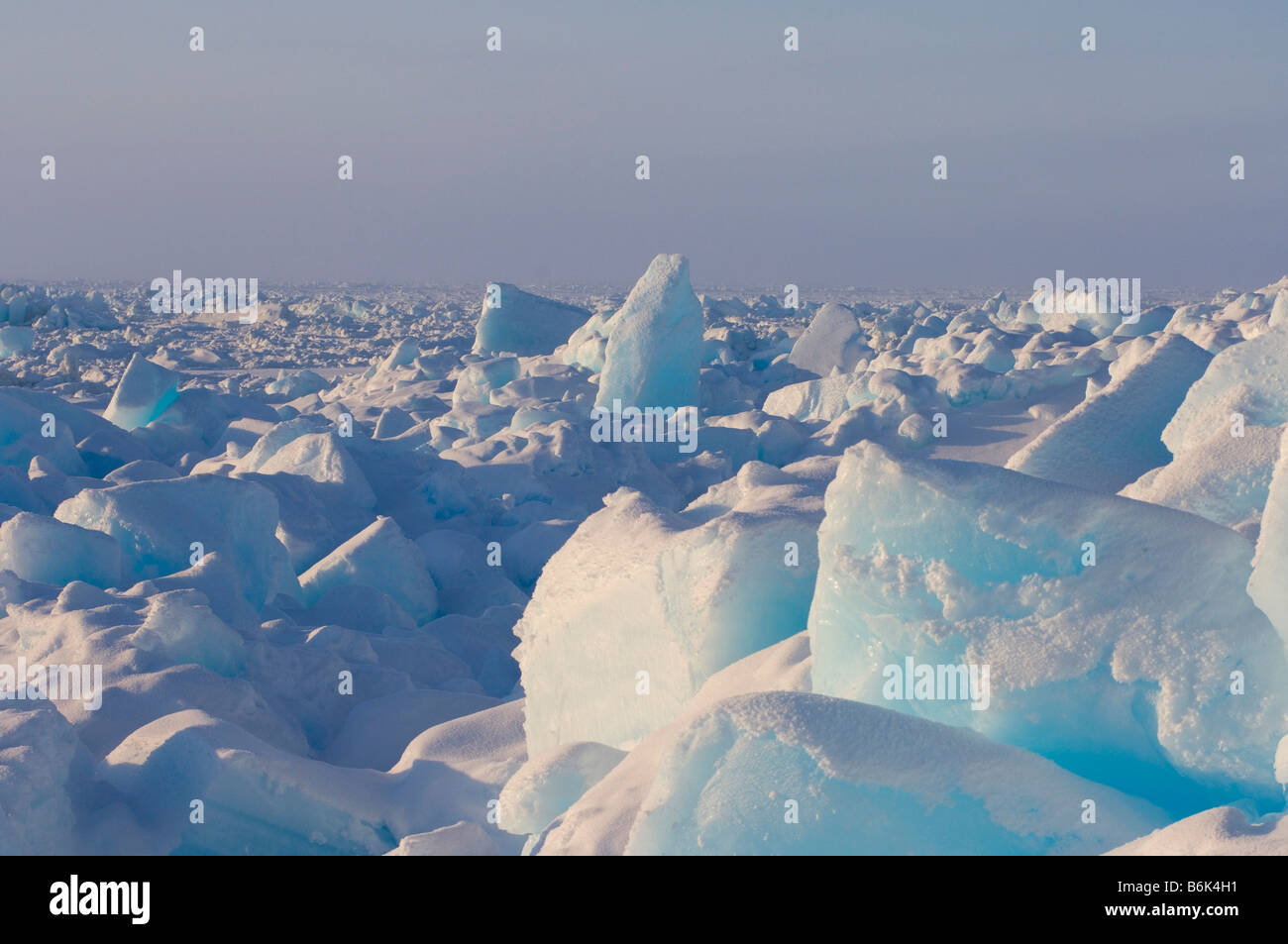 Frozen landscape of pressure ridges in the dynamic pack ice jumbled up ...