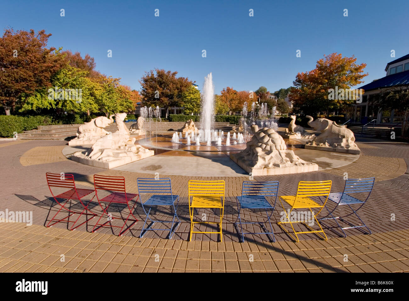 Colorful chairs and Water fountains at the Coolidge Park in Chattanooga ...