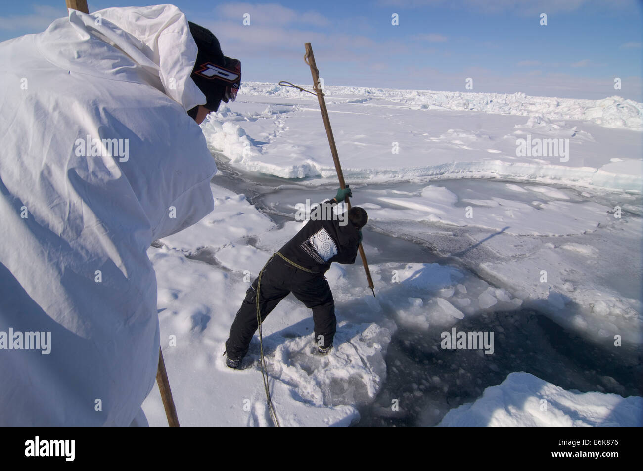 Inupiaq subsistence hunter reopens a hole in the pack ice for potential ...