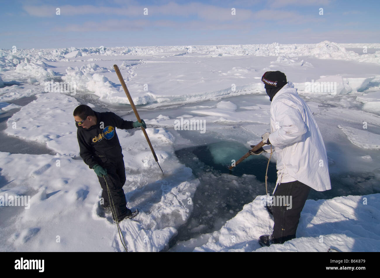 Inupiaq subsistence hunter reopens a hole in the pack ice for potential ...