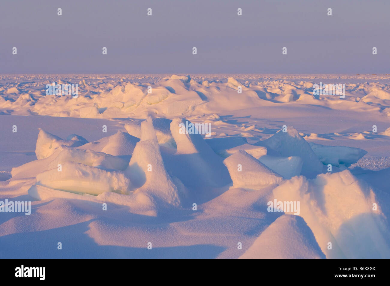 Frozen landscape of pressure ridges in the dynamic pack ice jumbled up ...