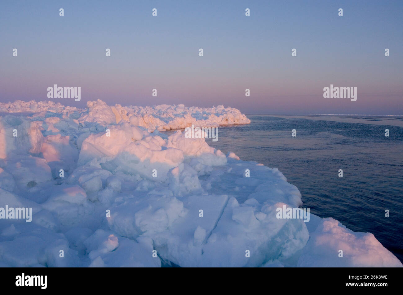 Scenic landscape of the rough sea ice edge in an open lead in the pack ...