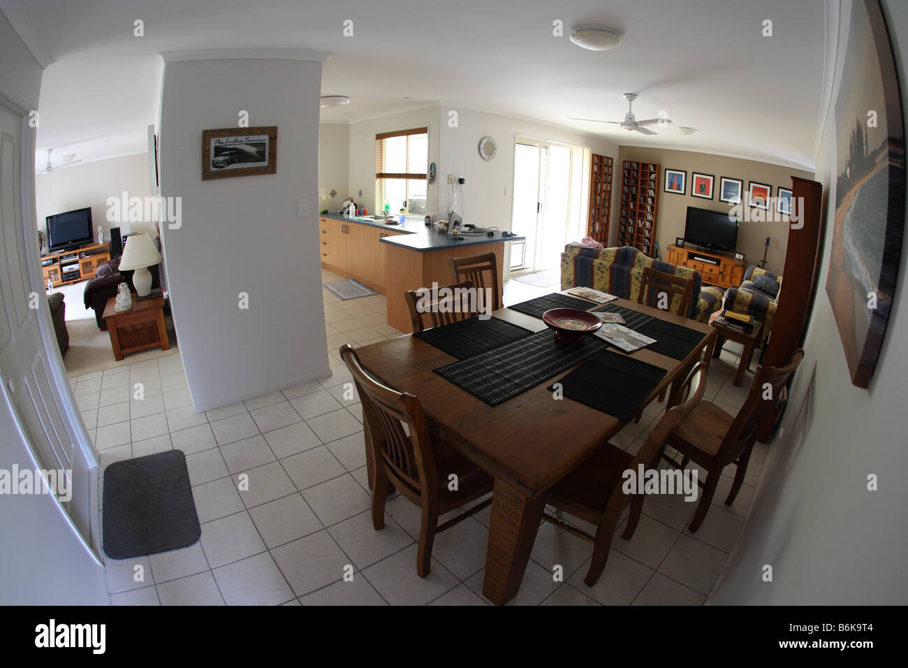 FISHEYE VIEW OF INTERIOR OF HOUSE INCUDING LOUNGE DINING AND FAMILY ...
