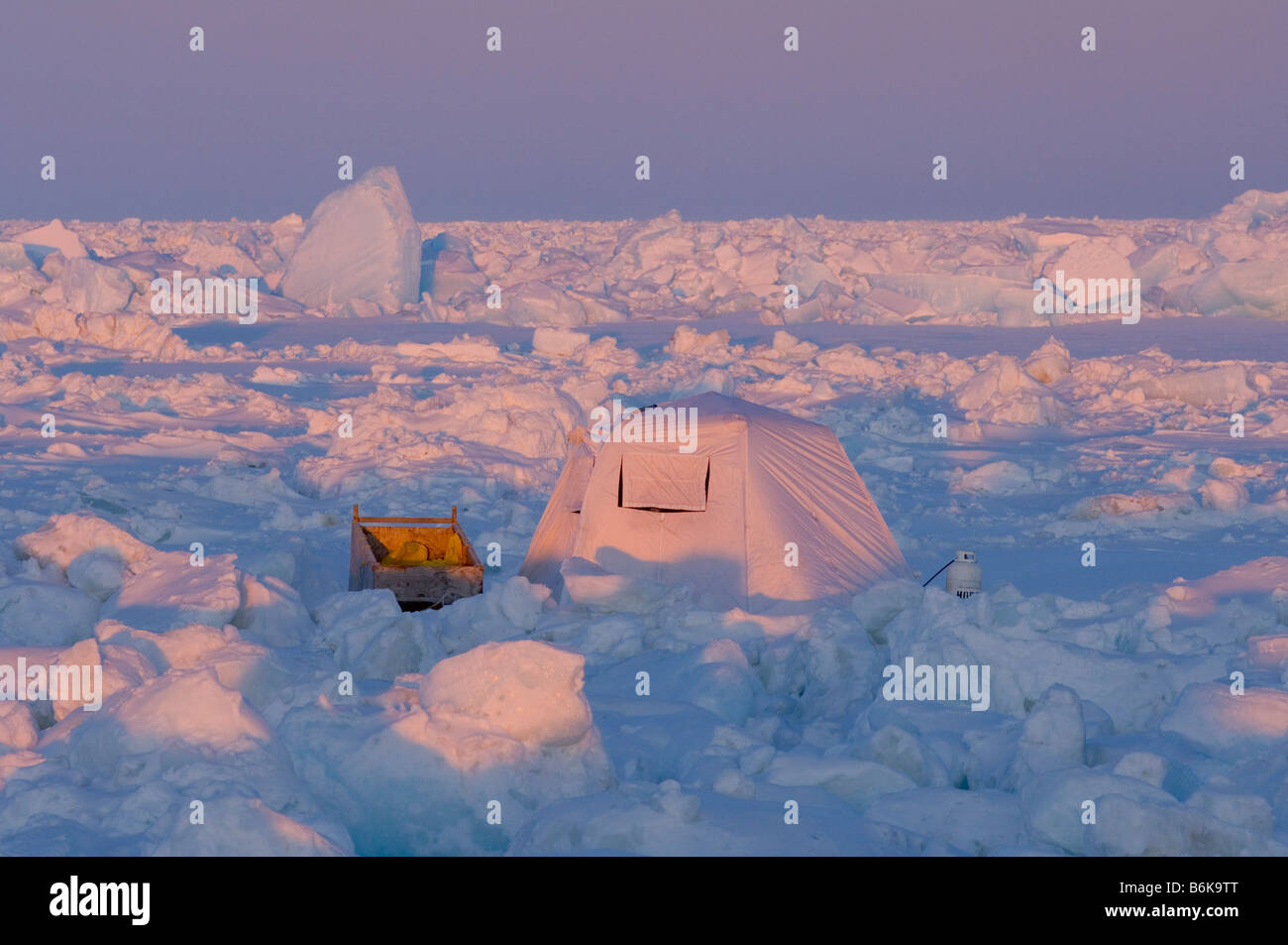 Arctic oven tent with a sled out on the pack ice over the Chukchi Sea ...